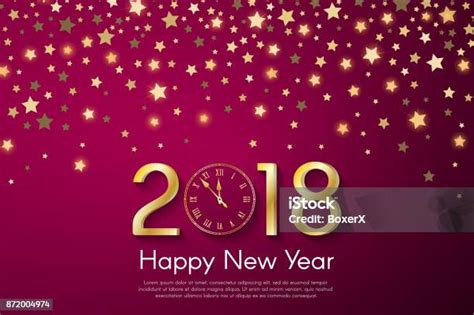 보라색 모호한 Starfall 배경에 황금 새 해 2018 개념 황금 번호와 빈티지 클록 벡터 인사말 카드 일러스트 2018년에