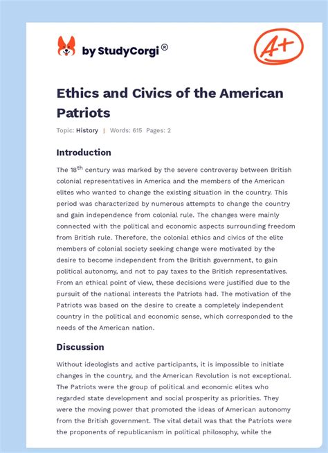 Ethics And Civics Of The American Patriots Free Essay Example