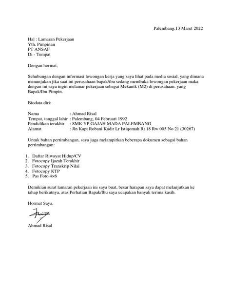 Lamaran Pekerjaan Ahmad Risal Pdf