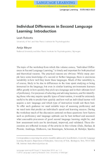 Pdf Individual Differences In Second Language Learning