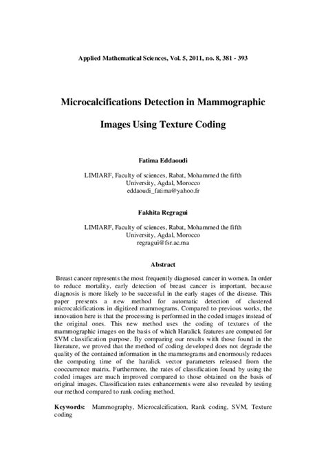 Pdf Microcalcifications Detection In Mammographic Images Using