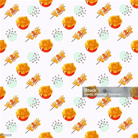 중국 음식 완벽 한 패턴입니다 배경을 반복하는 나무 증기선에 다양한 종류의 아시아 음식을 손으로 그렸습니다 맛있는 중국 음식 맛있는 하 가오 끈적 끈적한 쌀 롤 개체 그룹에