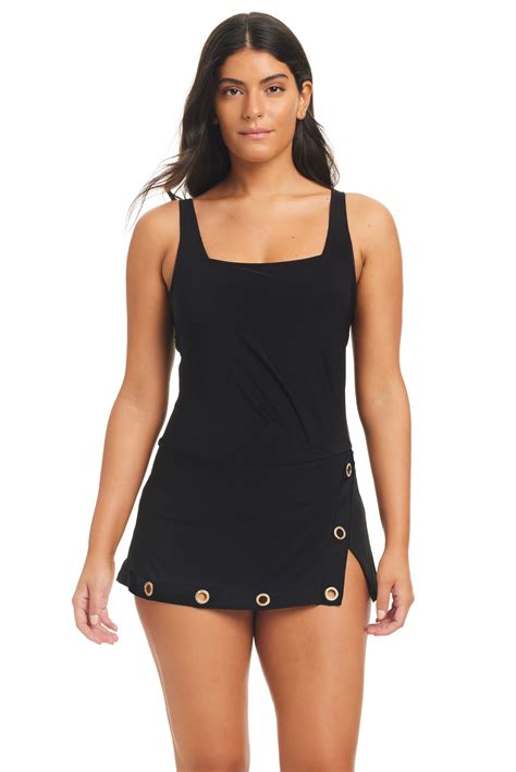 Grommets Tummy Control Swim Dress One Piece Swimsuit