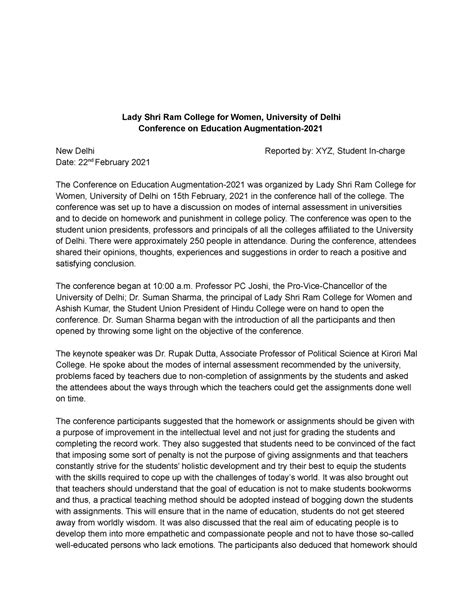 Report Writing Assignment Lady Shri Ram College For Women University Of Delhi Conference On