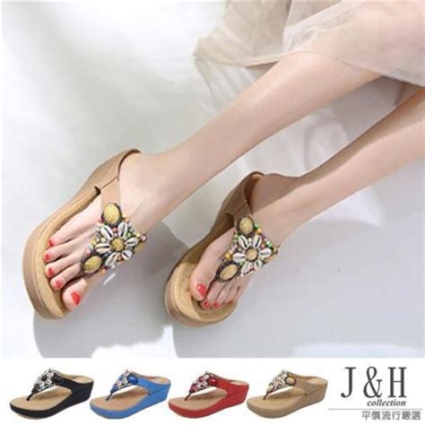 【jandh Collection】復古民族風沙灘風串珠花朵厚底拖鞋現預 黑色 紅色 藍色 杏色厚底涼鞋etmall東森購物網
