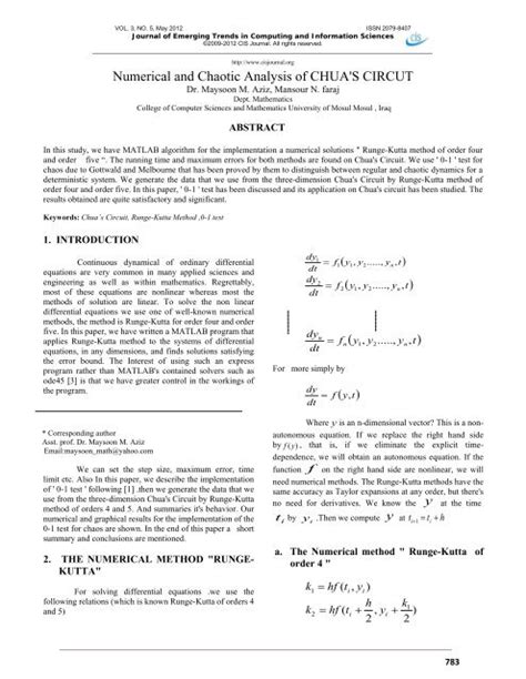 Numerical And Chaotic Analysis Of Chuas Circut Journal Of