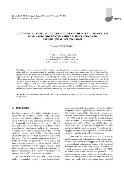 Pdf A Dynamic Submerging Motion Model Of The Hybrid Propelled Unmanned Underwater Vehicle