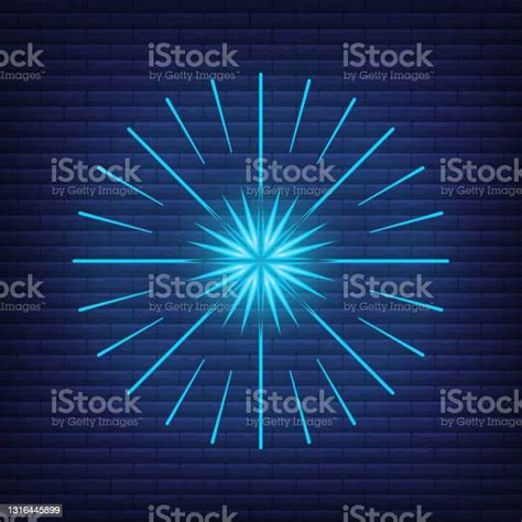 복고풍 디자인 라이트 선버스트 네온 스타일 글로우 기하학적 모양 빈티지 광선 폭발 아이콘 개념 벡터 일러스트 검은 벽에 고립 개념에 대한 스톡 벡터 아트 및 기타 이미지
