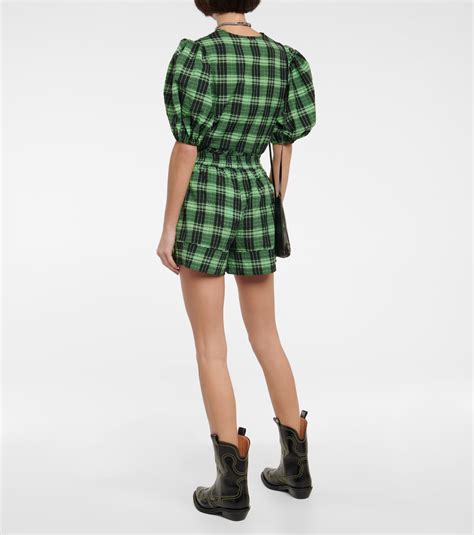 Checked Seersucker Shorts In Green Ganni Mytheresa