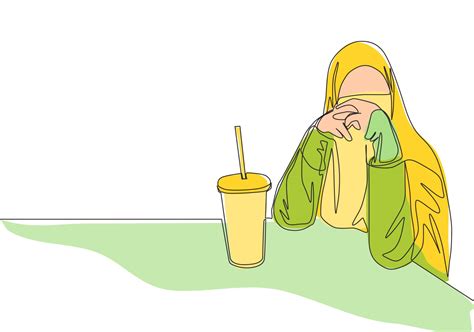 Uno Continuo Línea Dibujo De Joven Contento Saudi árabe Muslimah