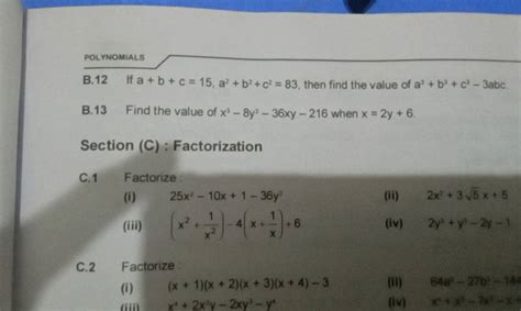 Polynomials B If A B C A B C Then Find The Value Of A B C