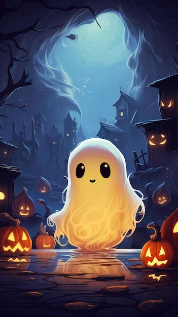 Premium Ai Image Adorable Ghost And Pumpkin Halloween Scene