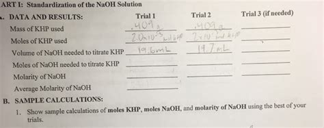 Solved Art I Standardization Of The Naoh Solution Data
