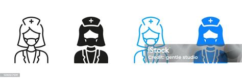 医師歯科矯正医歯内療法医ピクトグラムコレクションフェイスマスクのシルエットと線のアイコンセットを着た歯科医の女性女性歯科医外科医の黒とカラー