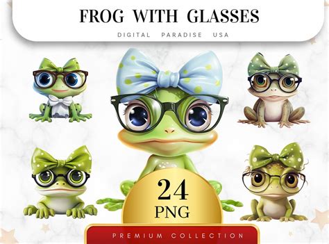 Set Of 24 Frog With Glasses Clipart Frog Clipart Boho Frog Cute