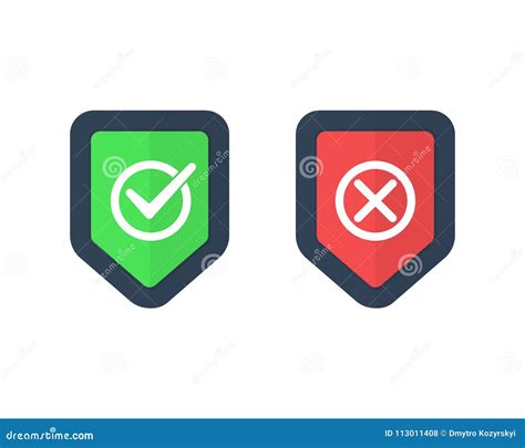 Shields And Check Marks Icons Set Red And Green Shield With Checkmark And X Mark Stock Vector