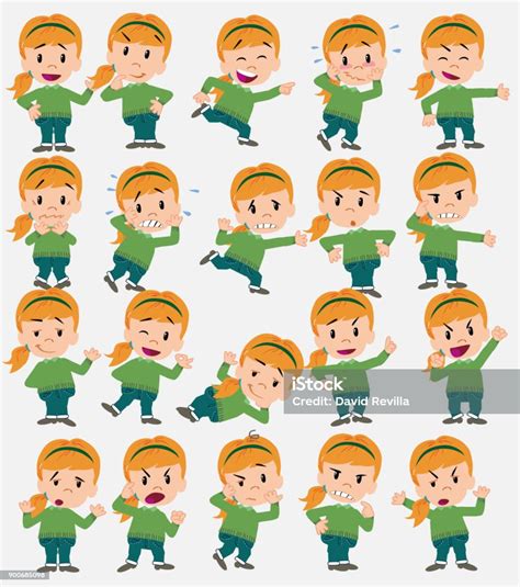 스웨터와 만화 캐릭터 백인 소녀입니다 다른 자세 태도 포즈 고립 된 벡터 그림에 다양 한 활동을 하 고 설정 합니다 공주에 대한 스톡 벡터 아트 및 기타 이미지 Istock