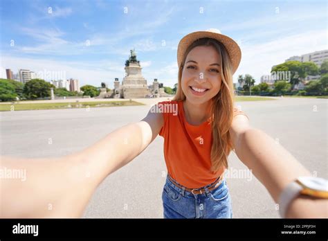 Tourism In Sao Paulo Brazil Beautiful Smiling Tourist Girl Visiting