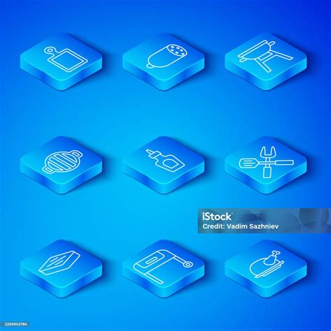 세트 라인 스테이크 고기 소스 병 바베큐 그릴 교차 포크와 주걱 도마 및 구운 칠면조 치킨 아이콘 벡터 3차원 형태에 대한 스톡