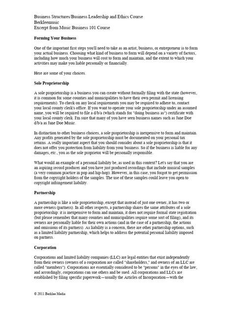 L01 Business Structures Pdf Limited Liability Company Sole Proprietorship