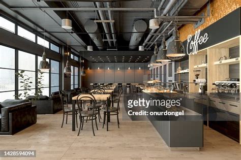 Empty Coffee Shop Interior With Wooden Tables Coffee Maker Pastries And