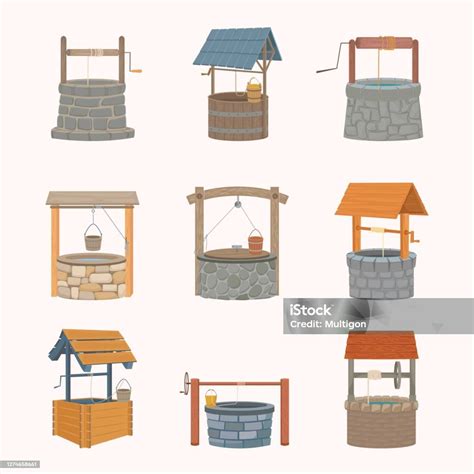 물 우물 복고풍 세트 앤티크 스톤 웰은 견고한 지붕 철 액슬 인공 깊은 소스와 잘 로프 중세에 대리석 시원하고 소박한 나무 우물 양동이에 직면했다 만화 오래 된 벡터 0명에