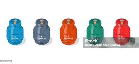 액화 압축 천연 가스가있는 금속 용기 또는 실린더 세트 흰색 배경에 격리 된 다양한 색상의 가스 탱크 풍선 등분 성 벡터 그림입니다 등측투영법에 대한 스톡 벡터 아트 및