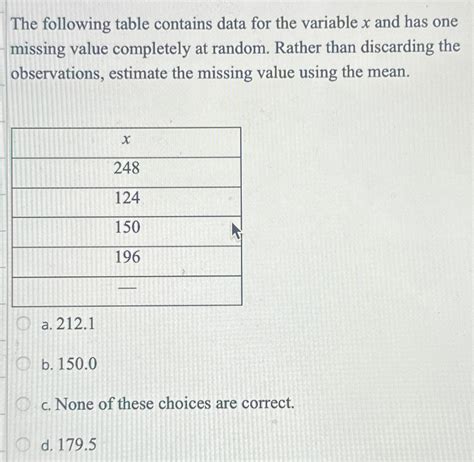Solved The Following Table Contains Data For The Variable X