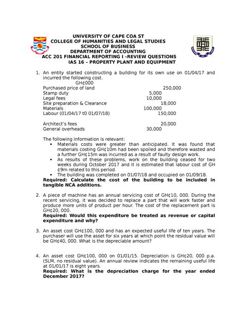 Acc 201 Review Question Ias 16 University Of Cape Coa St College Of