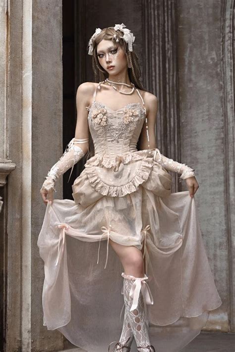 Apricot V Collar Sleeveless High Waisted Ruffle Embroidery Lace Fishb