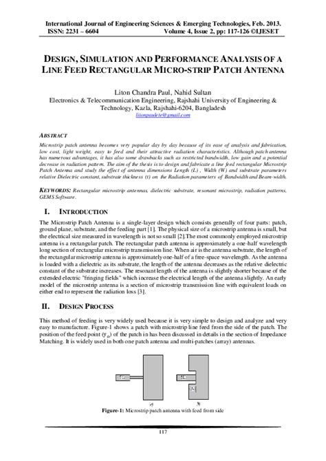 Pdf Design Simulation And Performance Analysis Of A Line Feed Rectangular Micro Strip Patch