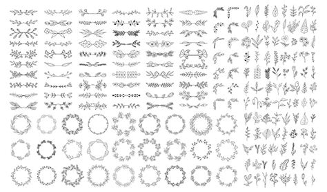 빈티지 핸드의 슈퍼 큰 컬렉션 분기 꽃 꽃 디바이 더 식물 테두리 그려 벡터 요소 격리 결혼식 초대 카드에 대 한 번 창 로렐 환입니다 월계관에 대한 스톡 벡터 아트 및