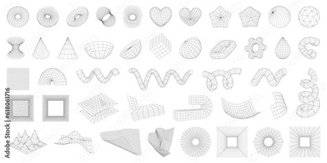 Set Of Wireframe D Geometric Shapes Wire Frame Abstract Figures Torus Spirals Gear Heart