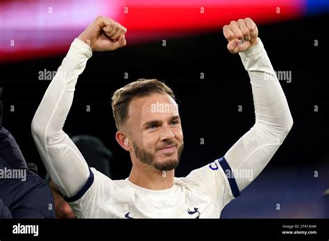 Tottenham Hotspurs James Maddison Celebrates With Fans Following The