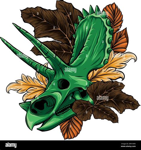 Vector Illustration Of Triceratops Dinosaur Skull Fossil With Leaves Stock Vector Image And Art