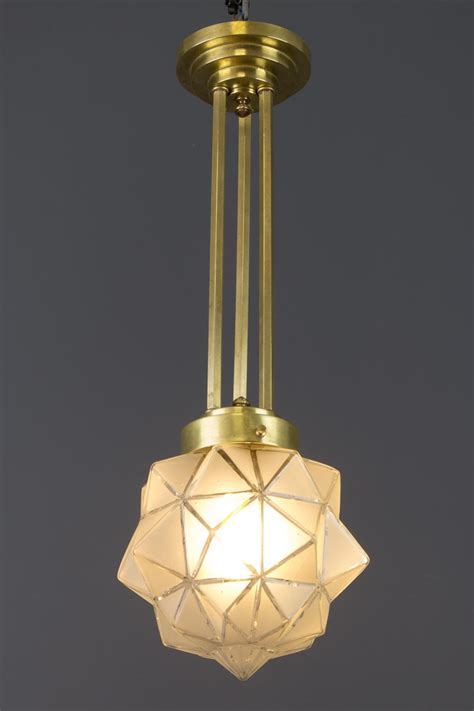 Art Deco Brass And White Frosted Glass Pendant Light France 1930s For