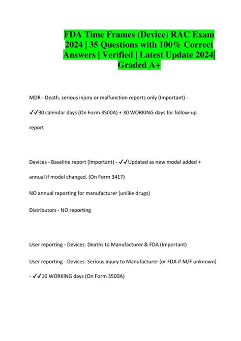 Fda Time Frames Device Rac Exam 2024 35 Questions With 100 Correct Answers Verified