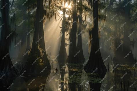Premium Ai Image Majestic Cypress Trees In A Misty Swamp With Sun