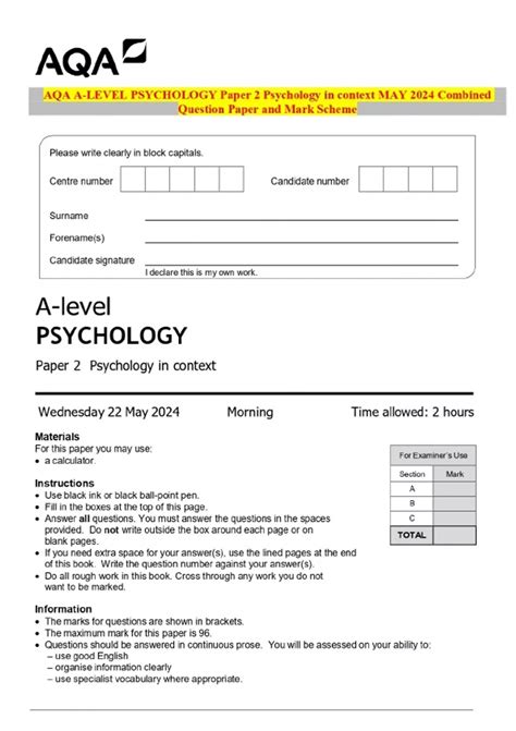 AQA A LEVEL PSYCHOLOGY Paper 2 Psychology In Context MAY 2024 Combined