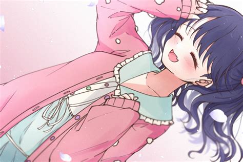 Safebooru 1girl Blue Dress Blue Hair Blush Cardigan Closed Eyes