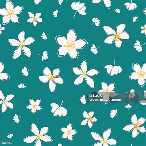 ジャスミン花柄シームレスパターンの背景線画手は花の頭花花びらを描いたティールピンクの白い背景薬用癒しの植物のための植物の繰り返しウェルネス用の