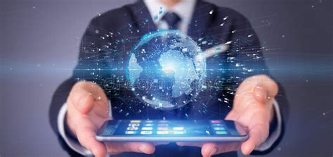 Businessman Holding A D Rendering Data Earth Globe Stock Illustration Illustration Of Mobile