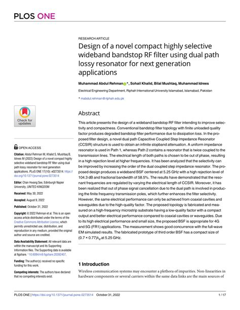 Pdf Design Of A Novel Compact Highly Selective Wideband Bandstop Rf Filter Using Dual Path