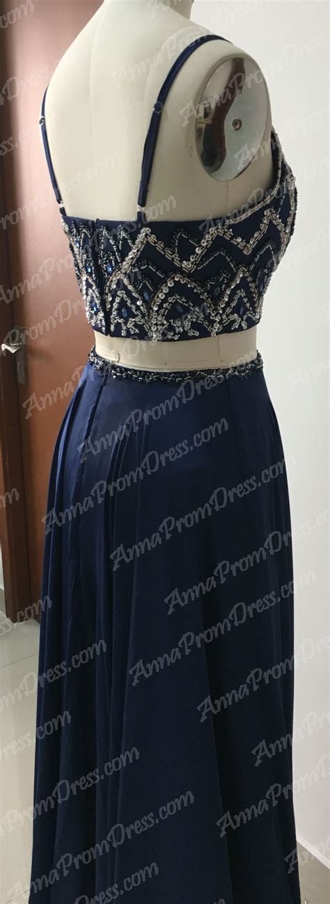 Two Piece Prom Dresses Spaghetti Straps Rhinestone Long Chiffon Prom D