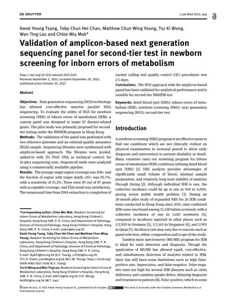 Pdf Validation Of Amplicon Based Next Generation Sequencing Panel For Second Tier Test In
