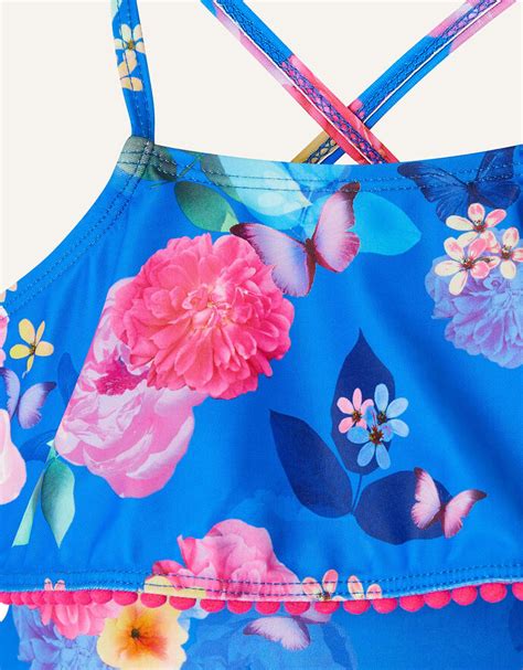 Floral Print Frill Swimsuit Blue Girls Beach And Swimwear Monsoon Uk
