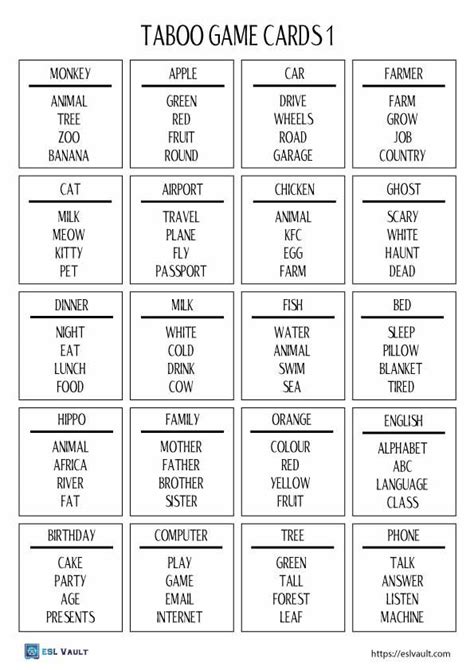 Taboo Esl Game With Free Printable Cards Esl Vault