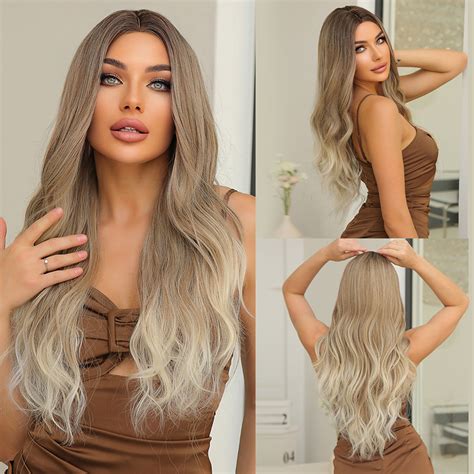 Long Brown Wavy Wig For Women Natural Look Ombre Curly Wigs Heat