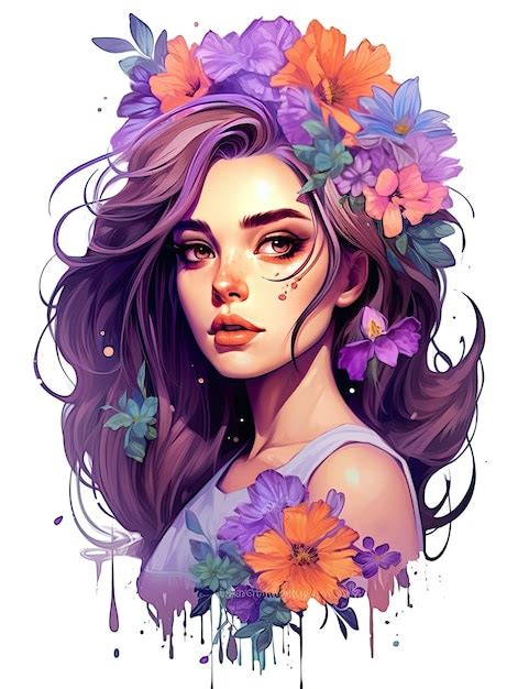 Estilo Acuarela Color Pastel Hermosa Chica Con Flores De Primavera