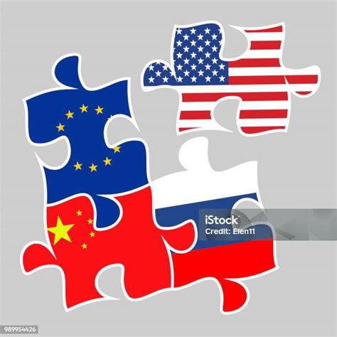 미국과 중국 러시아 유럽 연합 간의 무역 전쟁 개념 미국 중국 러시아 Eu 4 퍼즐 요소 플래그 Esp 10 벡터 일러스트 레이